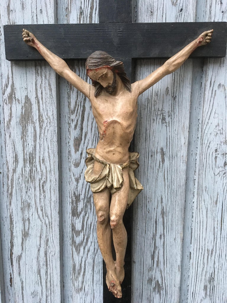 19th Century European Hand Carved and Polychromed Wood Crucifix at 1stDibs