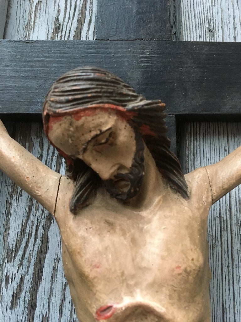 19th Century European Hand Carved and Polychromed Wood Crucifix at 1stDibs