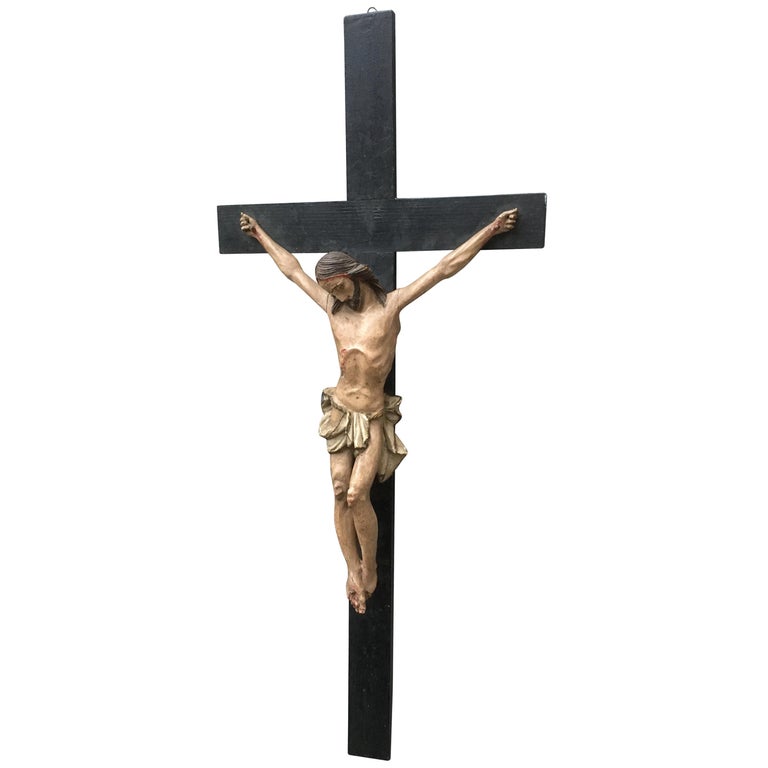 19th Century European Hand Carved and Polychromed Wood Crucifix at 1stDibs