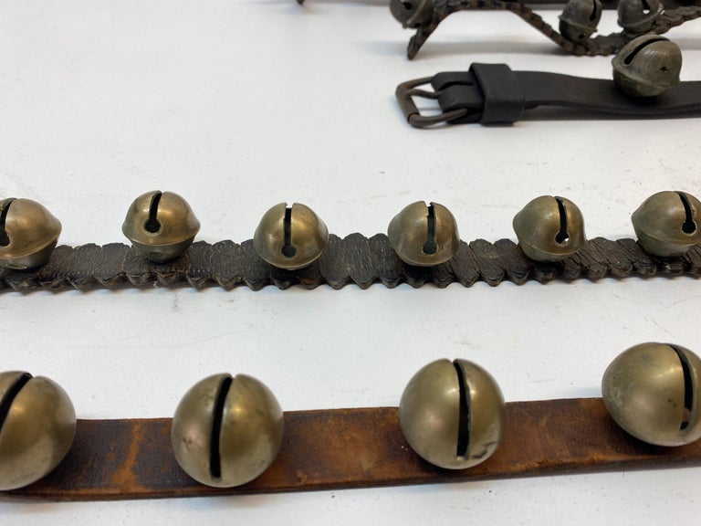 19th Century European Leather Bound Brass Sleigh Bells For Sale at 1stDibs