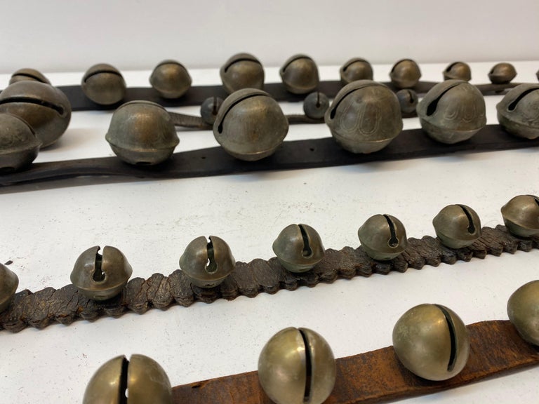 19th Century European Leather Bound Brass Sleigh Bells For Sale at 1stDibs