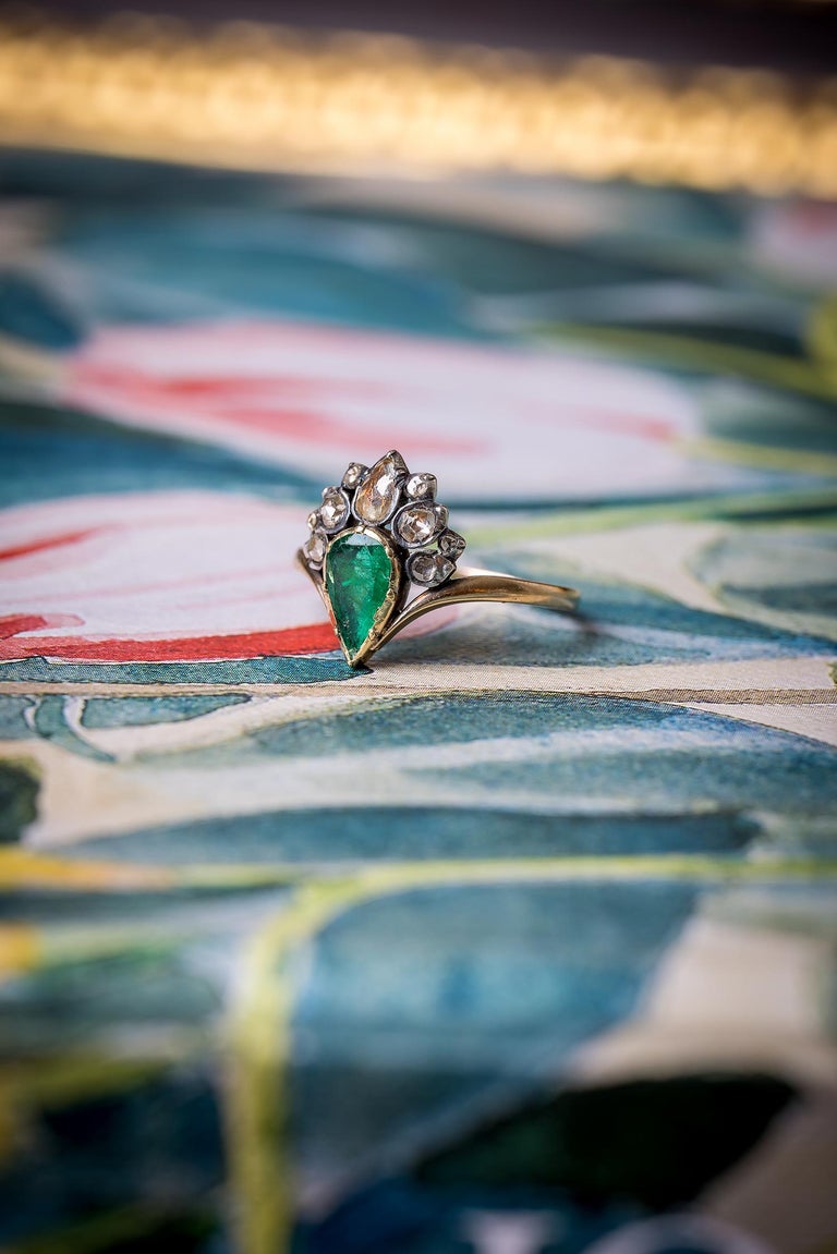 19th Century Flaming Heart Emerald and Diamond Ring For Sale at 1stDibs
