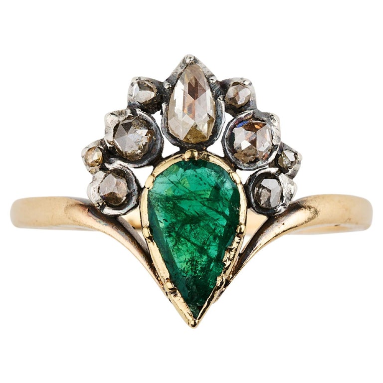 19th Century Flaming Heart Emerald and Diamond Ring For Sale at 1stDibs