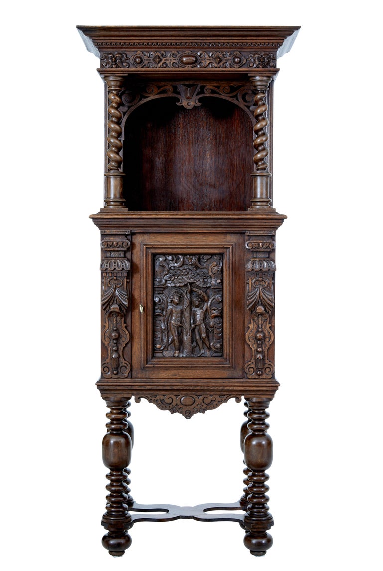 19th Century Flemish Carved Oak Hall Cupboard on Stand For Sale at 1stDibs