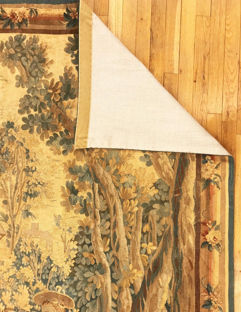 19th Century Flemish Rustic Tapestry, with Villagers Holding a Birdcage ...