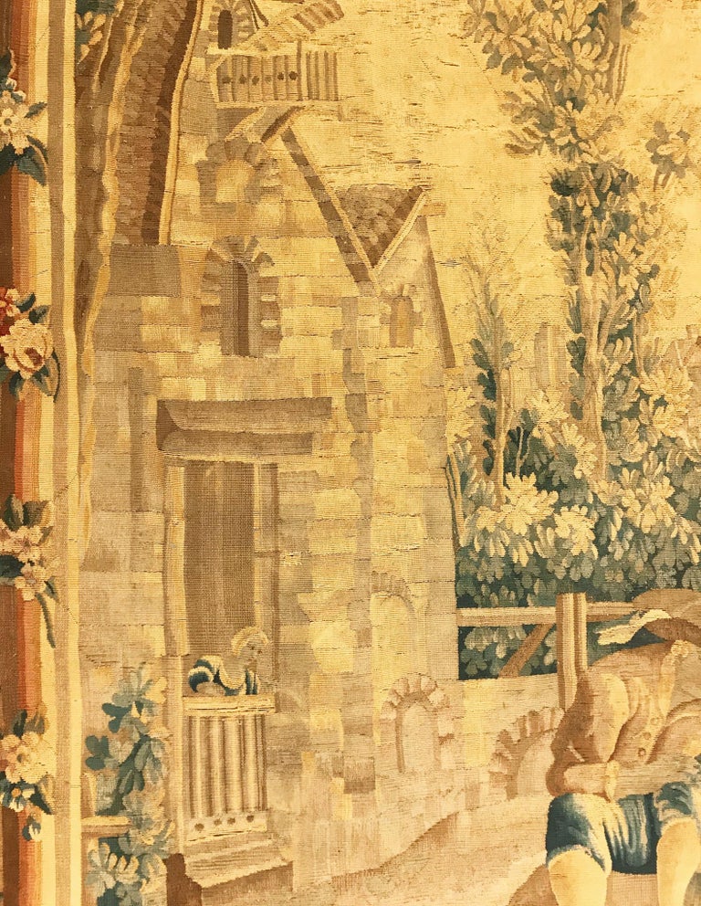 19th Century Flemish Rustic Tapestry, with Villagers Holding a Birdcage ...