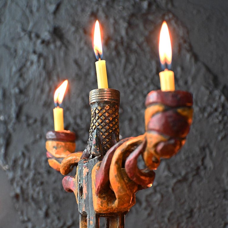 19th Century Folk Art Hand Carved Wooden Candelabra For Sale at 1stDibs