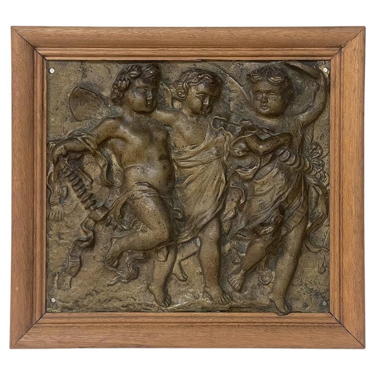 19th Century Framed Bronze Plaque of Three Cherubs For Sale at 1stDibs