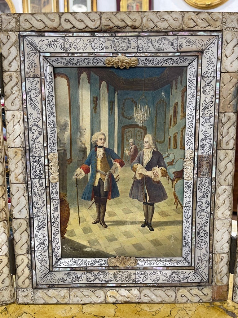 19th Century France Carved Bone Wood Painted Triptych Painting, 1885 ...