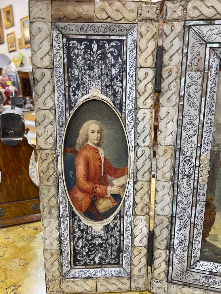 19th Century France Carved Bone Wood Painted Triptych Painting, 1885 ...