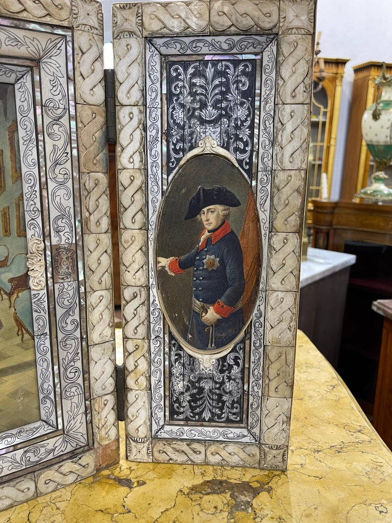 19th Century France Carved Bone Wood Painted Triptych Painting, 1885 ...