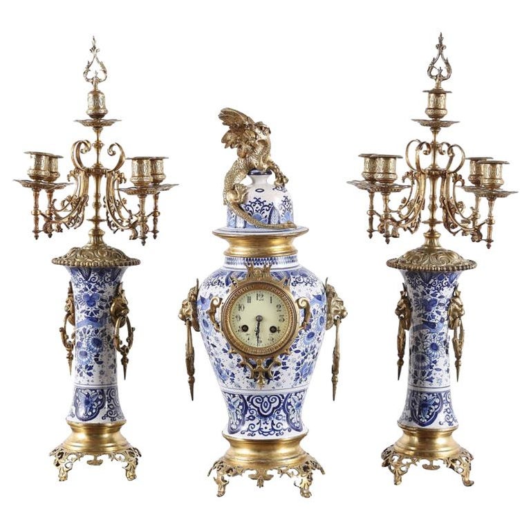 19th Century French 3-Piece Porcelain Garniture Clock Set at 1stDibs