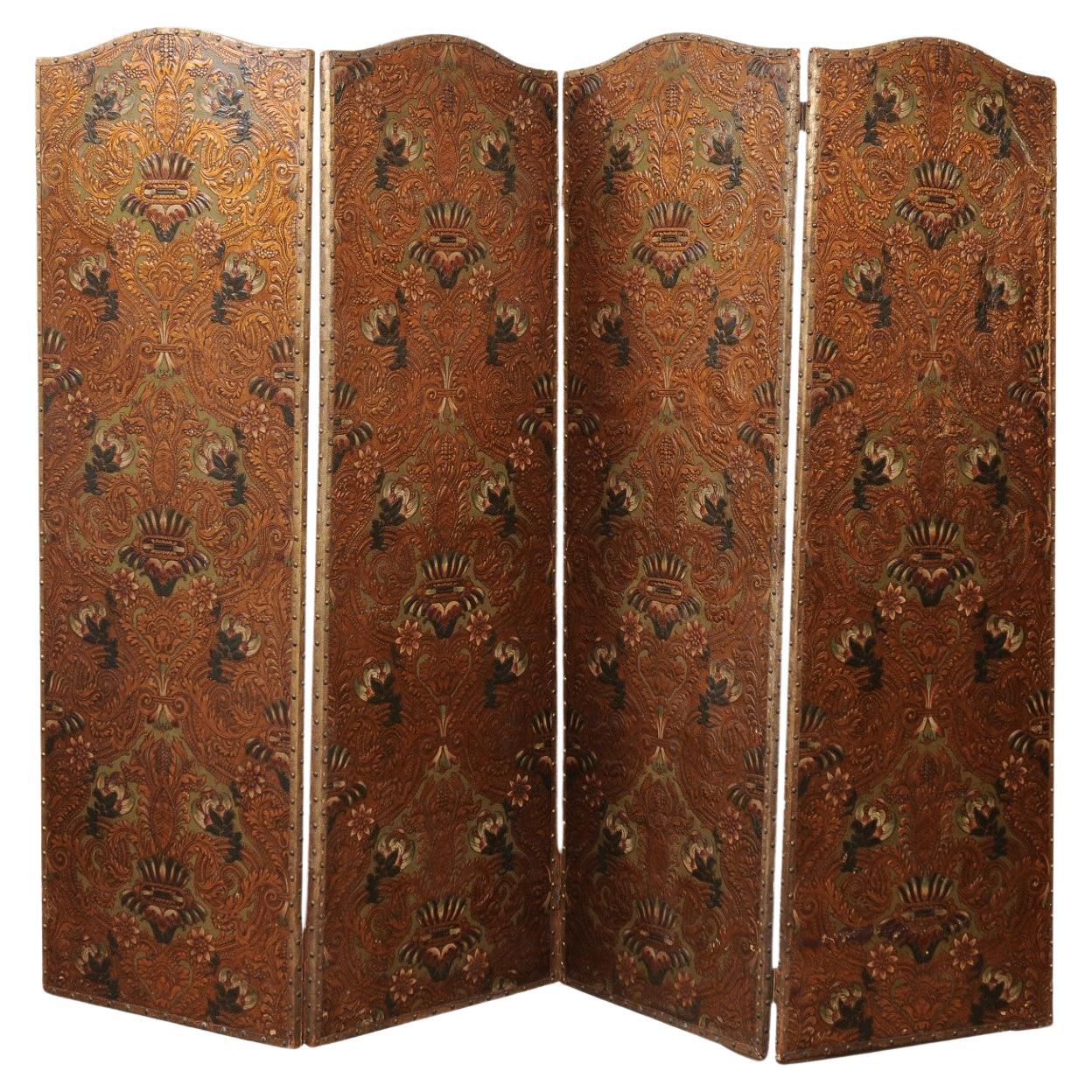 19th Century French 4 Panel Embossed and Painted Folding Screen For ...