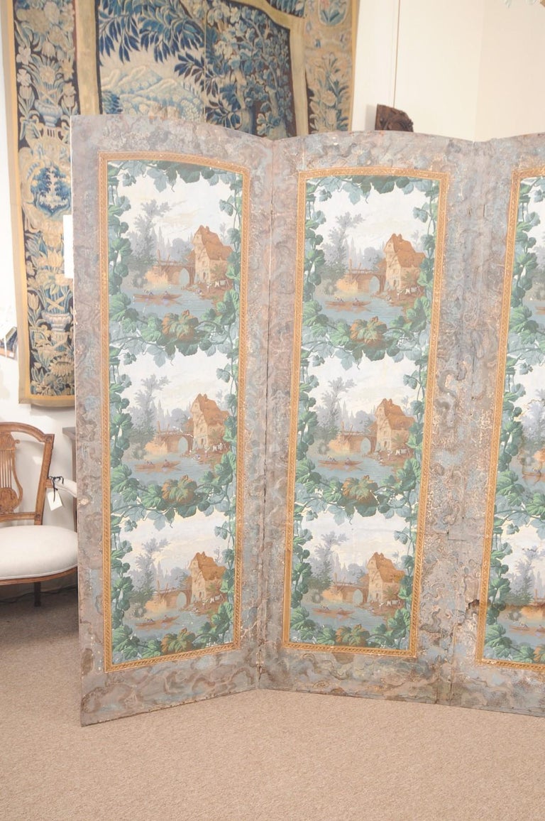 19th Century French 4-Panel Wallpaper Mounted on Canvas Folding Screen ...