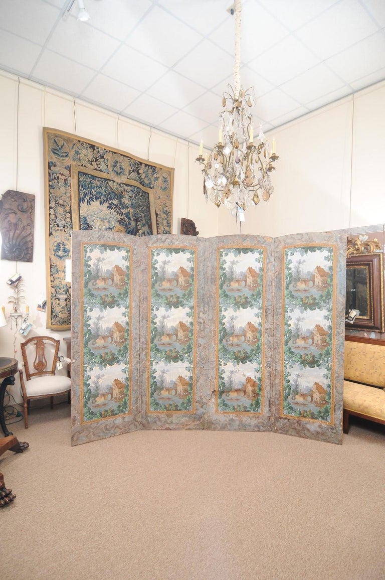 19th Century French 4-Panel Wallpaper Mounted on Canvas Folding Screen ...