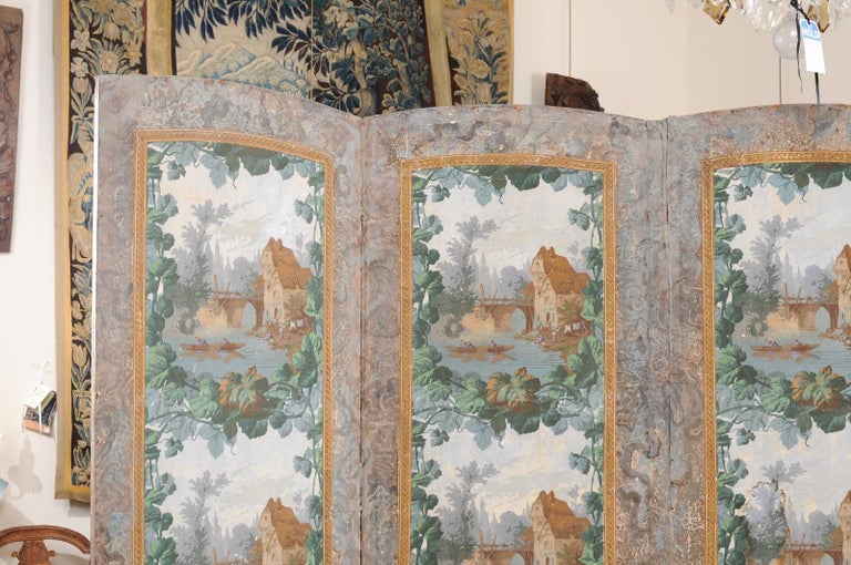 19th Century French 4-Panel Wallpaper Mounted on Canvas Folding Screen ...
