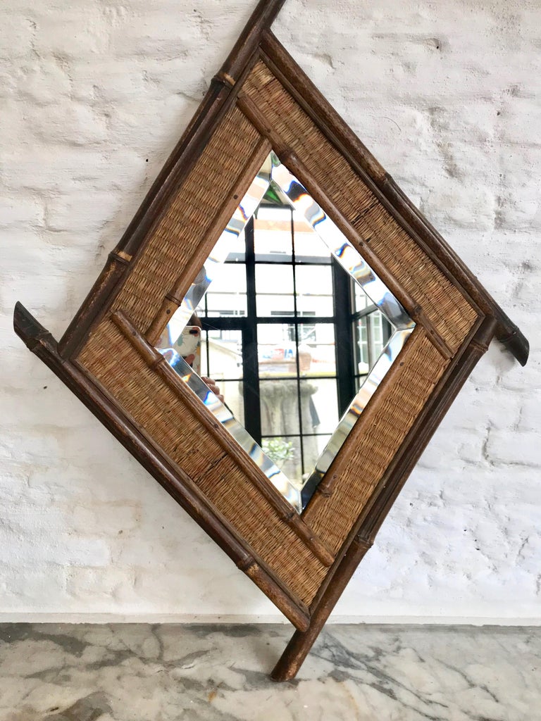 19th Century French Bamboo Diamond Rhombus Shape Mirror For Sale at 1stDibs