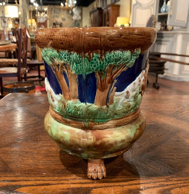19th Century French Barbotine Ceramic Deer and Dog Cache Pot from ...