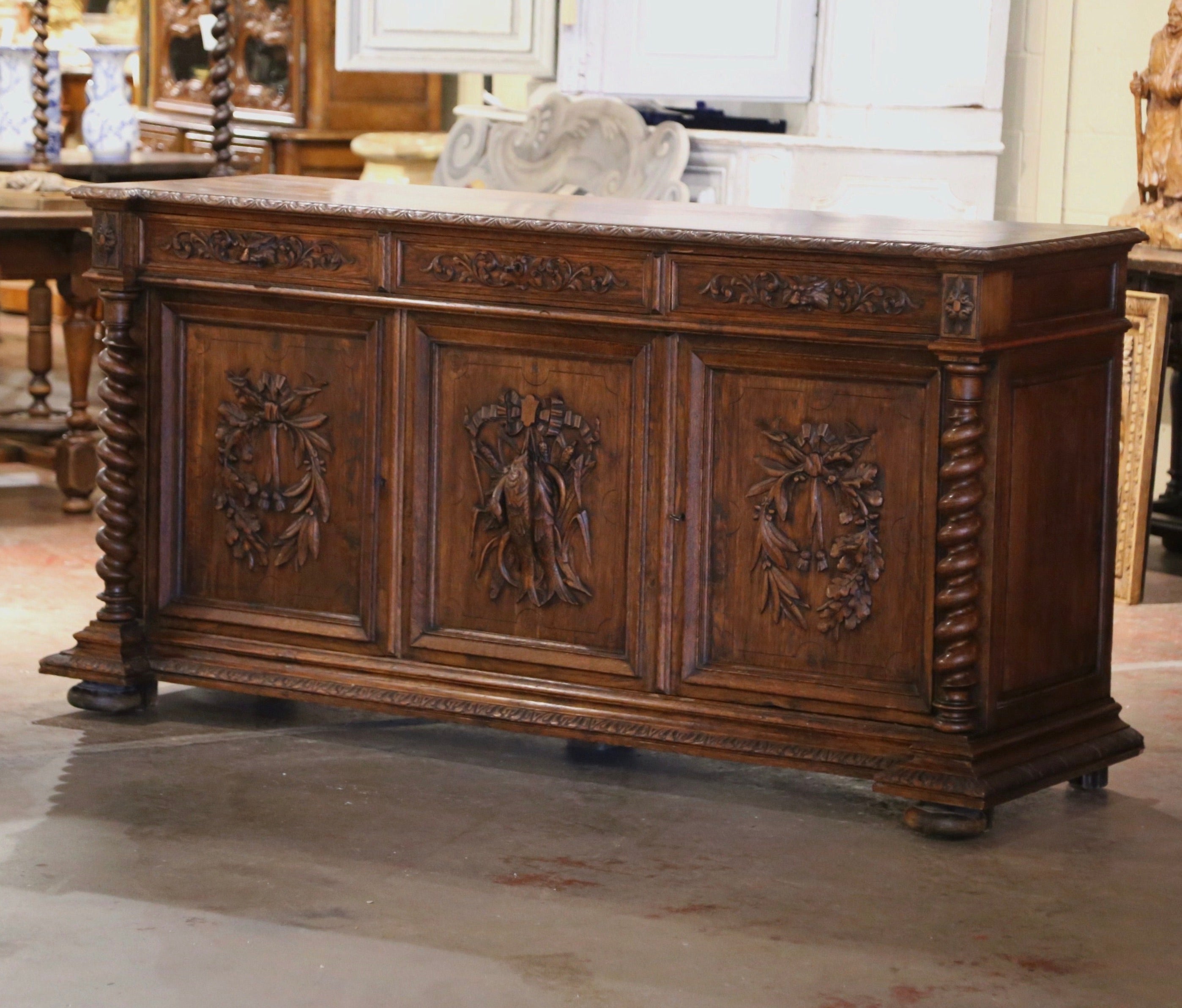 19th Century French Black Forest Carved Oak Three-Door Buffet Enfilade ...