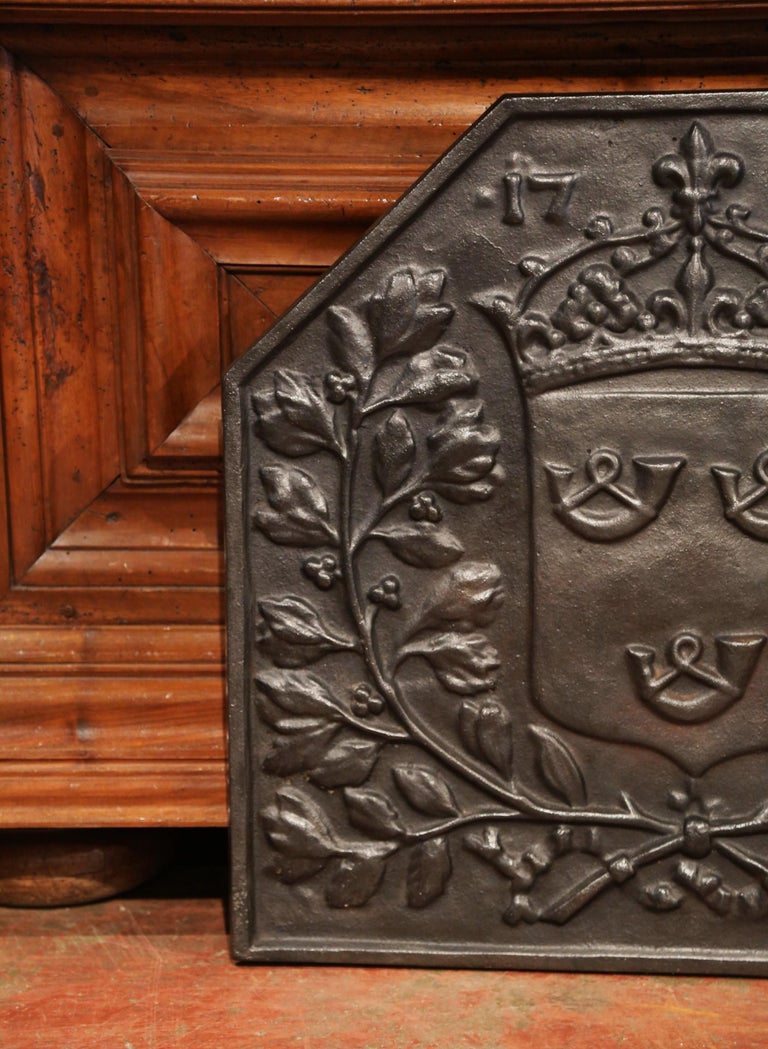 19th Century French Black Iron Fireback with Crown, Family Crest and ...