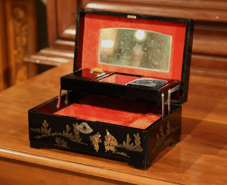 19th Century French Black Lacquered Chinoiserie Make Up Music Box at ...