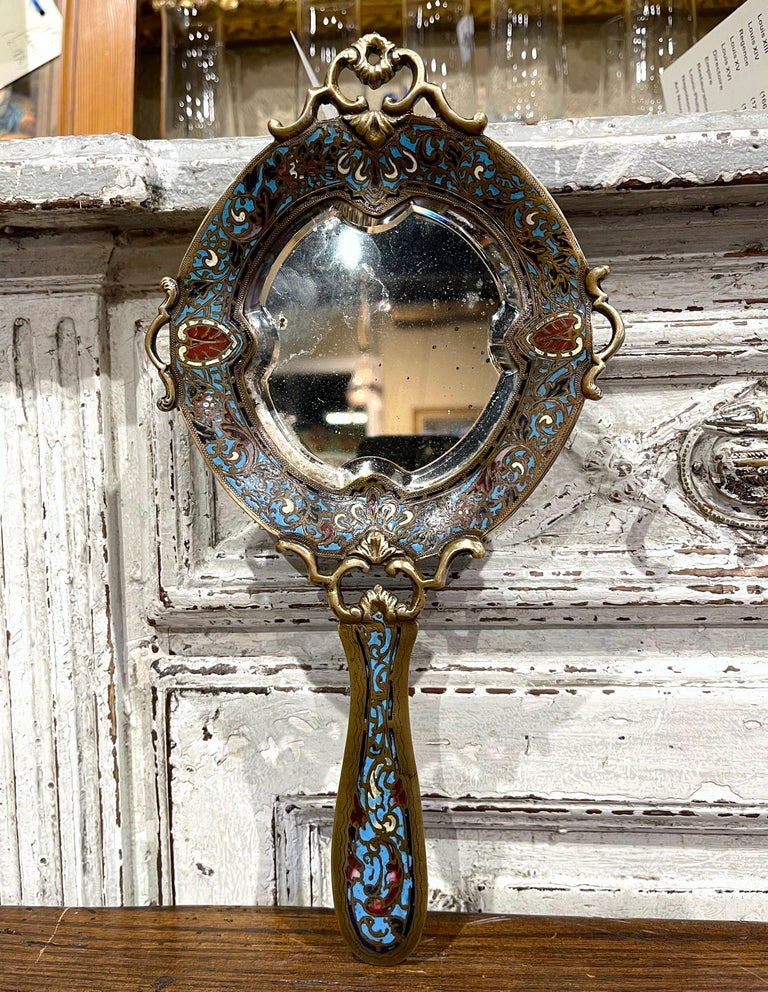19th Century French Brass and Champleve Hand Vanity Mirror with Beveled ...