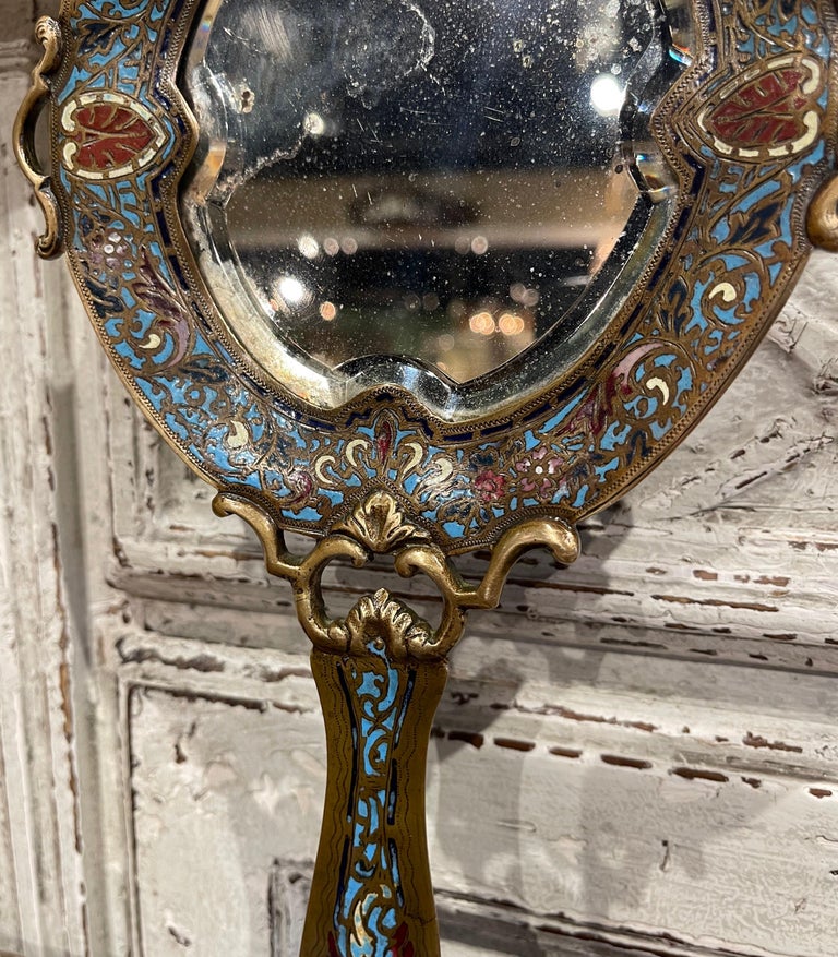 19th Century French Brass and Champleve Hand Vanity Mirror with Beveled ...