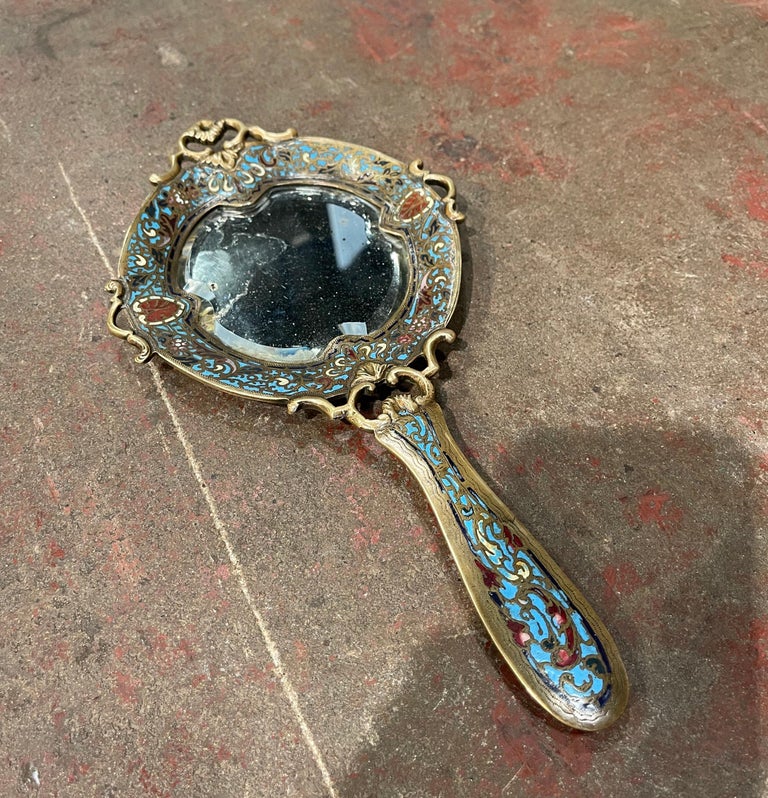 19th Century French Brass and Champleve Hand Vanity Mirror with Beveled ...