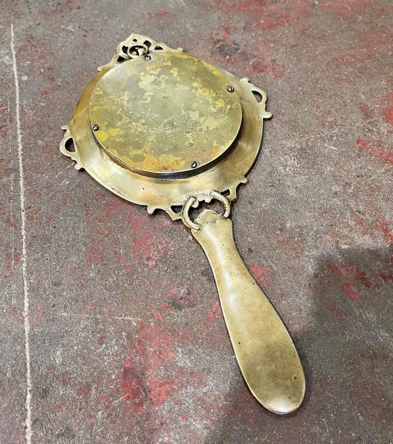 19th Century French Brass and Champleve Hand Vanity Mirror with Beveled ...