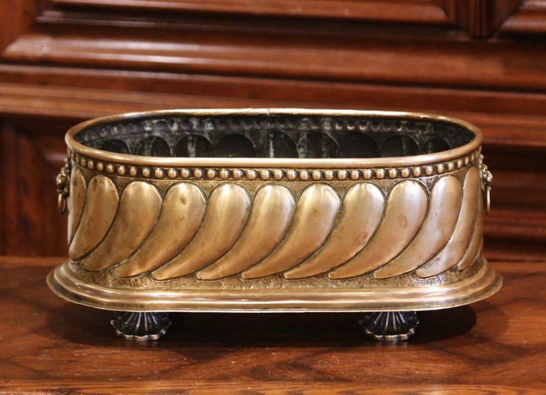 19th Century French Brass Cache-Pot with Lion Head Handles and Repousse ...