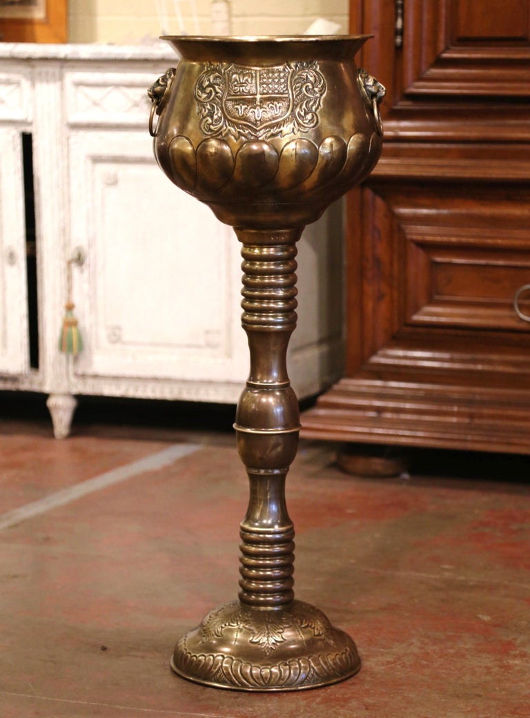 19th Century French Brass Repousse Cache-Pot on Integral Pedestal Stand ...