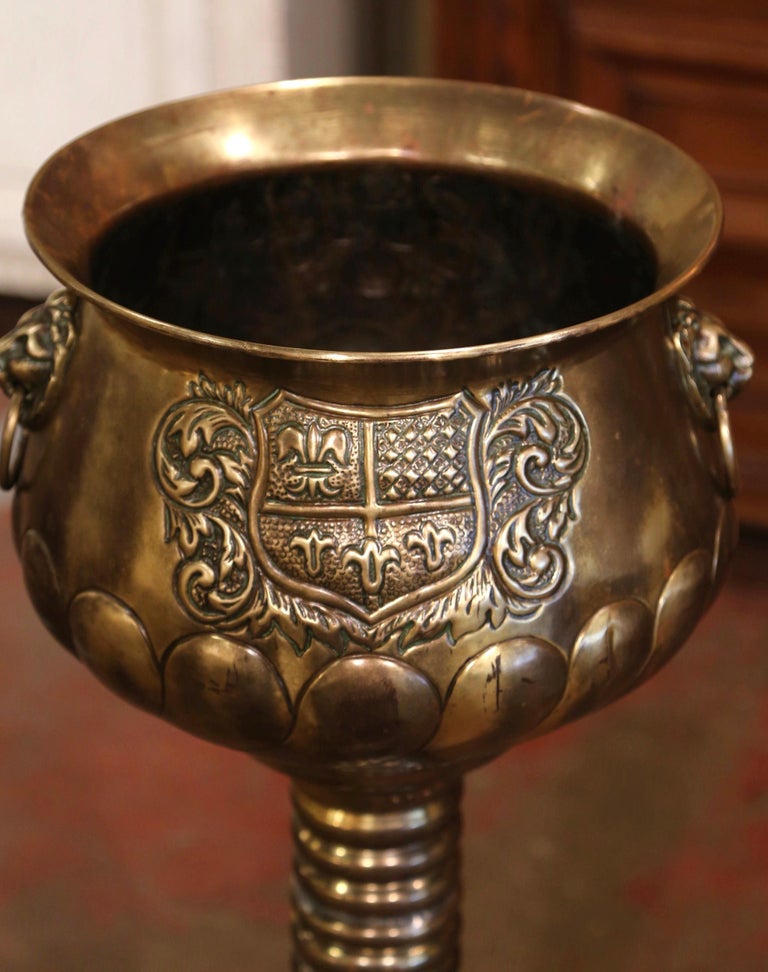 19th Century French Brass Repousse Cache-Pot on Integral Pedestal Stand ...