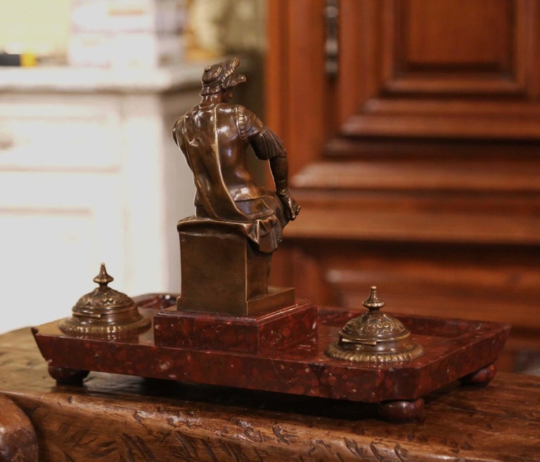 19th Century French Bronze Inkwell with Roman Figure on Brown Marble ...