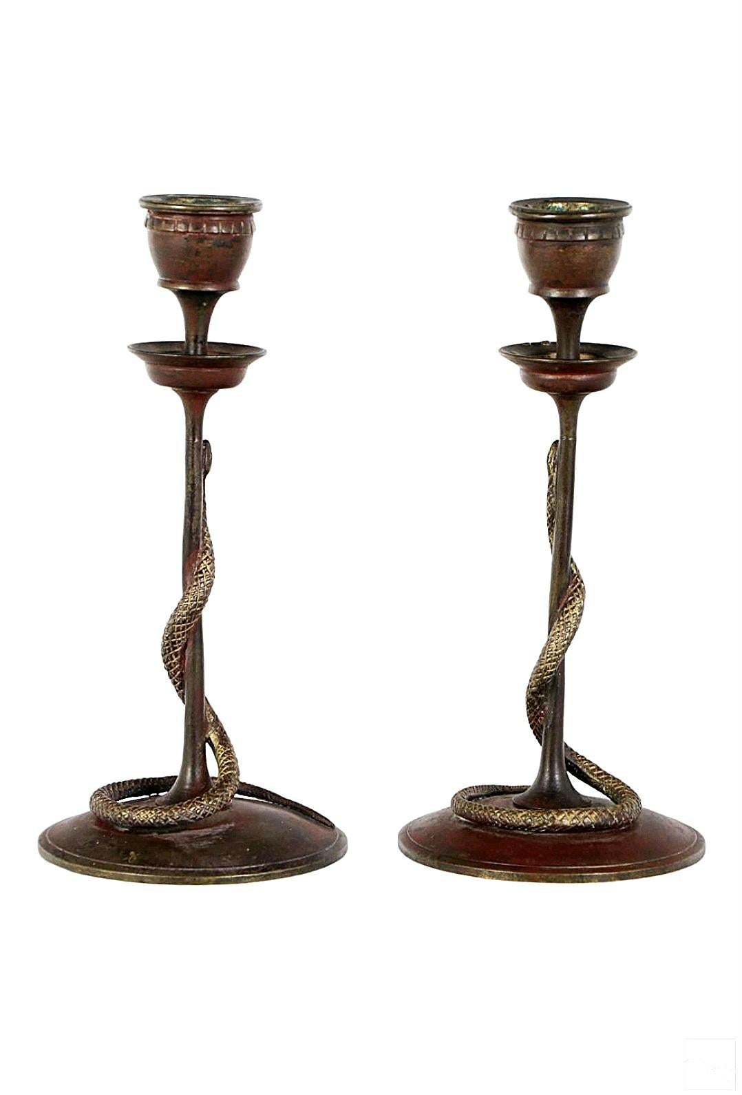19th Century French Bronze Snake Candlesticks For Sale at 1stDibs