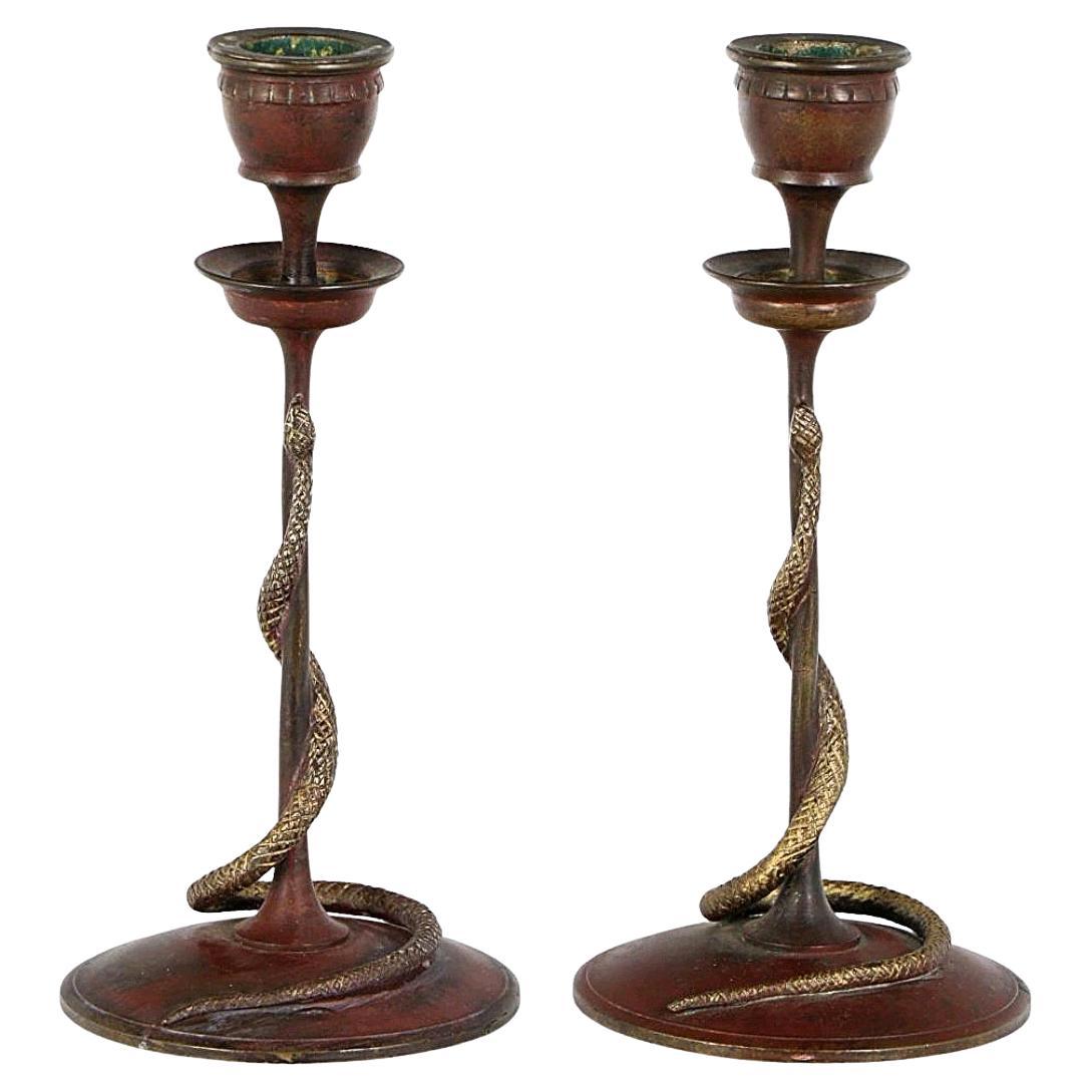 19th Century French Bronze Snake Candlesticks For Sale at 1stDibs