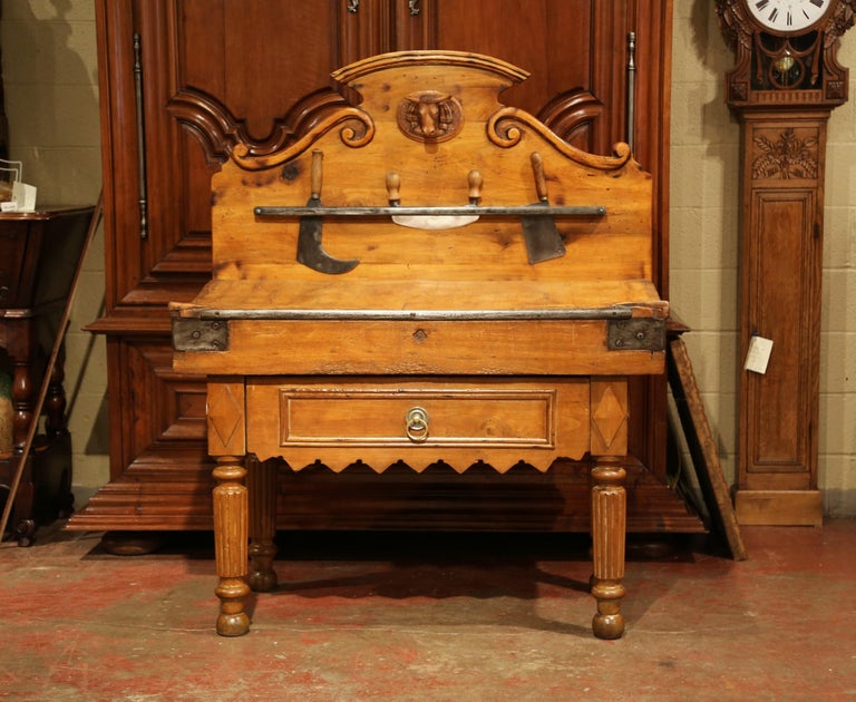 19th Century French Butcher Block with Antique Meat Cleavers Knives at ...