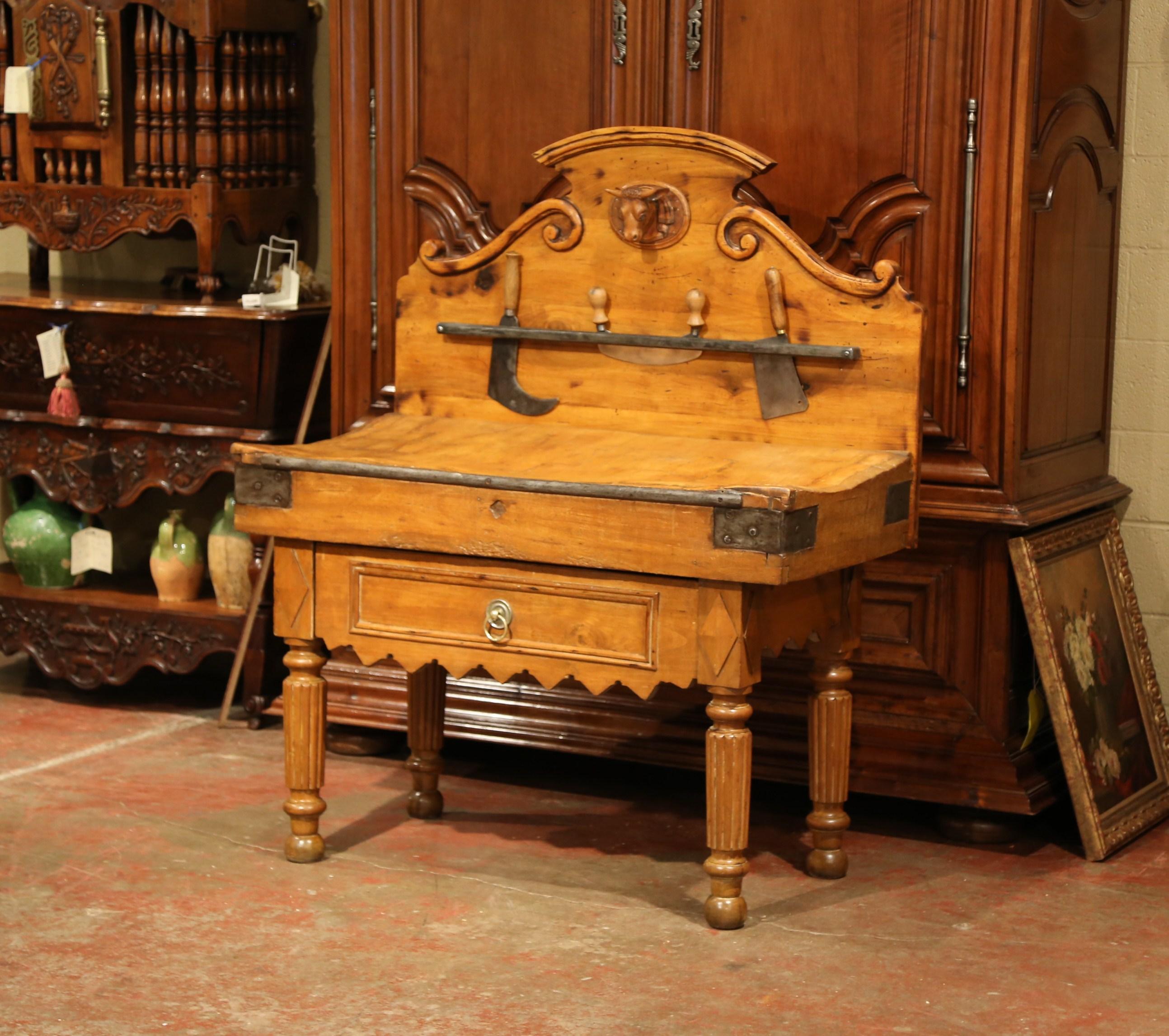 19th Century French Butcher Block with Antique Meat Cleavers Knives at ...