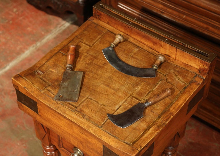 19th Century French Butcher Block with Antique Meat Cleavers Knives at ...