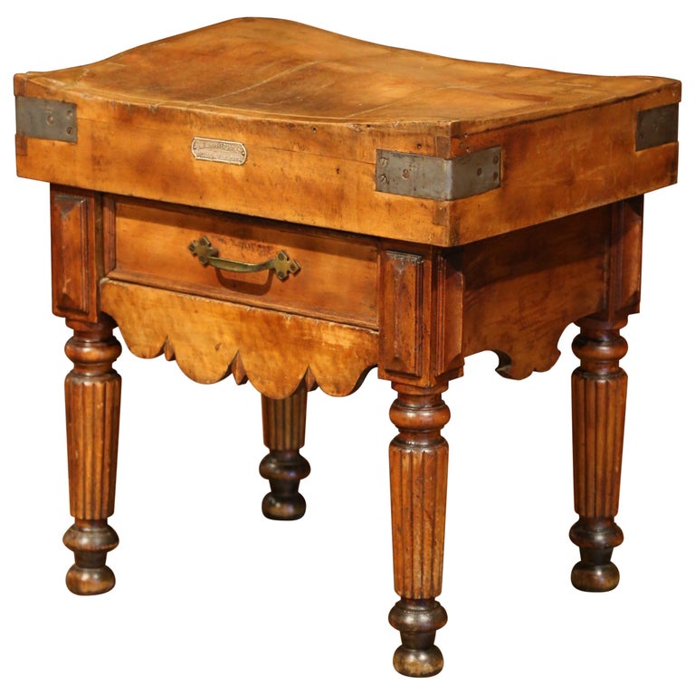 19th Century French Butcher Block with Centre Drawer Signed Vergne and ...