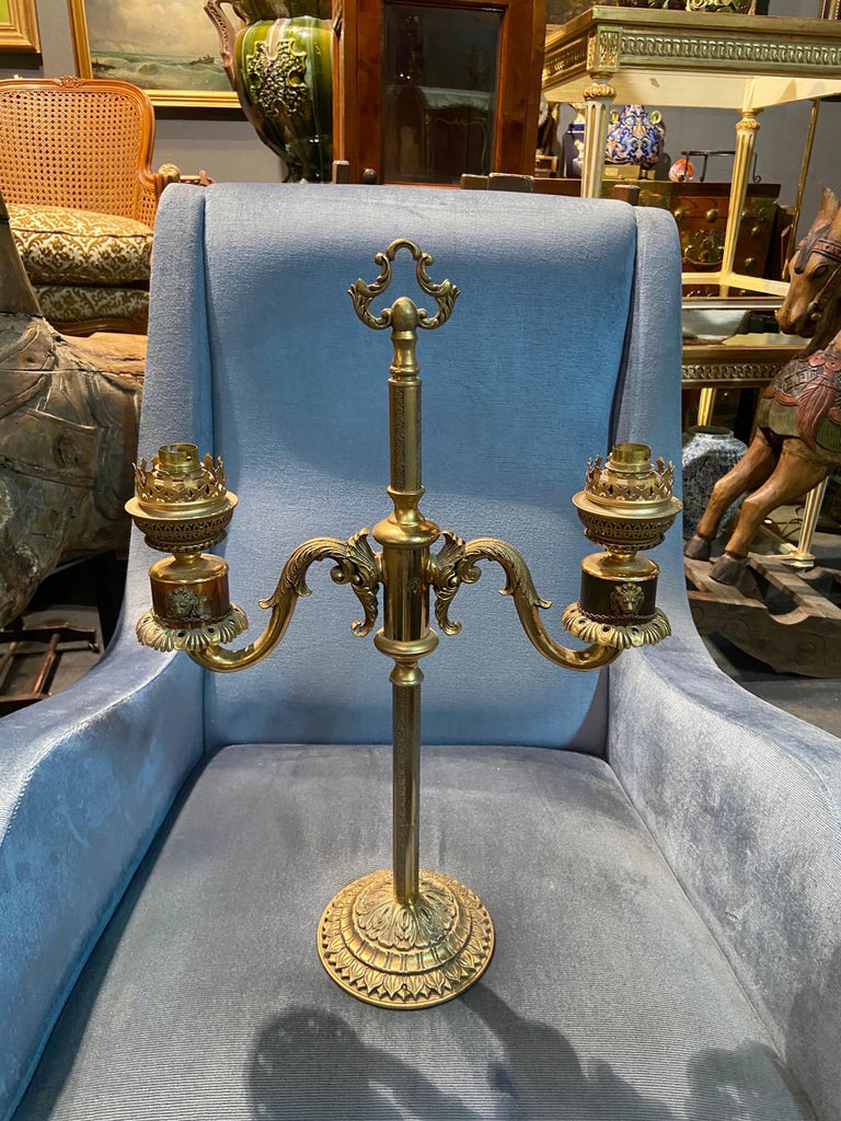 19th Century French Candlestick Electrified in Double Arm Brass Lamp ...