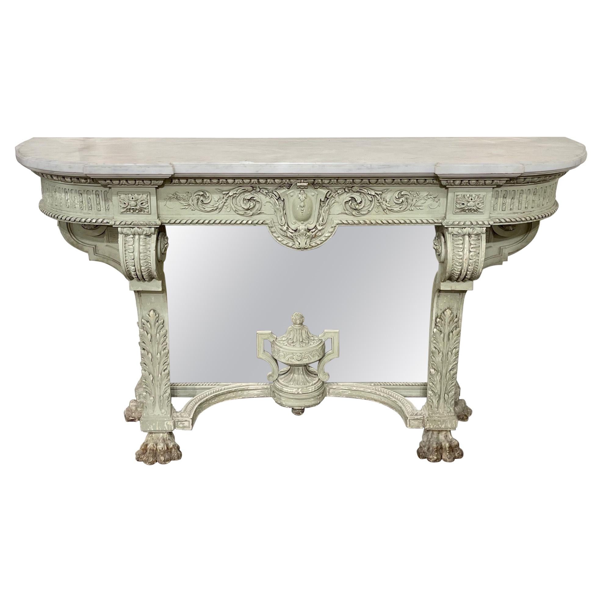 Carved Painted 19th Century Italian Rococo Console with Carrara Marble Top at 1stDibs