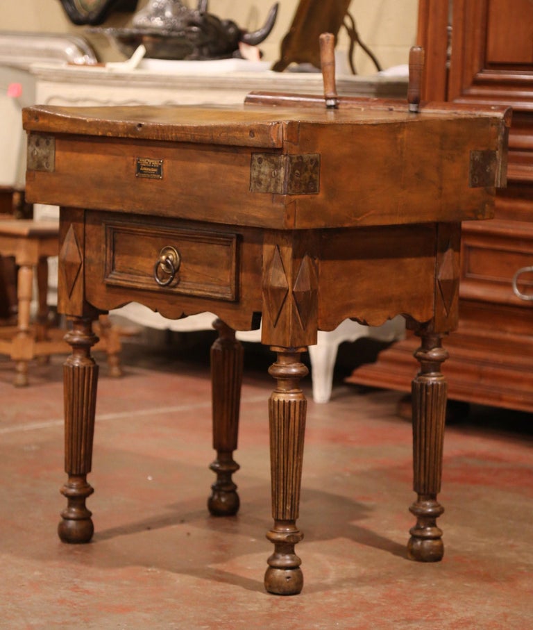 19th Century French Carved Beech Butcher Block with Two Meat Cleaver ...