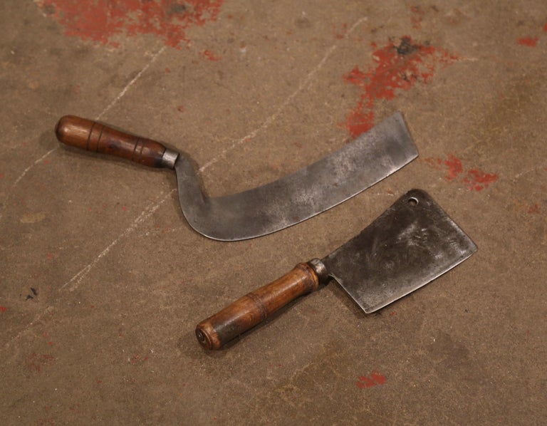 19th Century French Carved Beech Butcher Block with Two Meat Cleaver ...