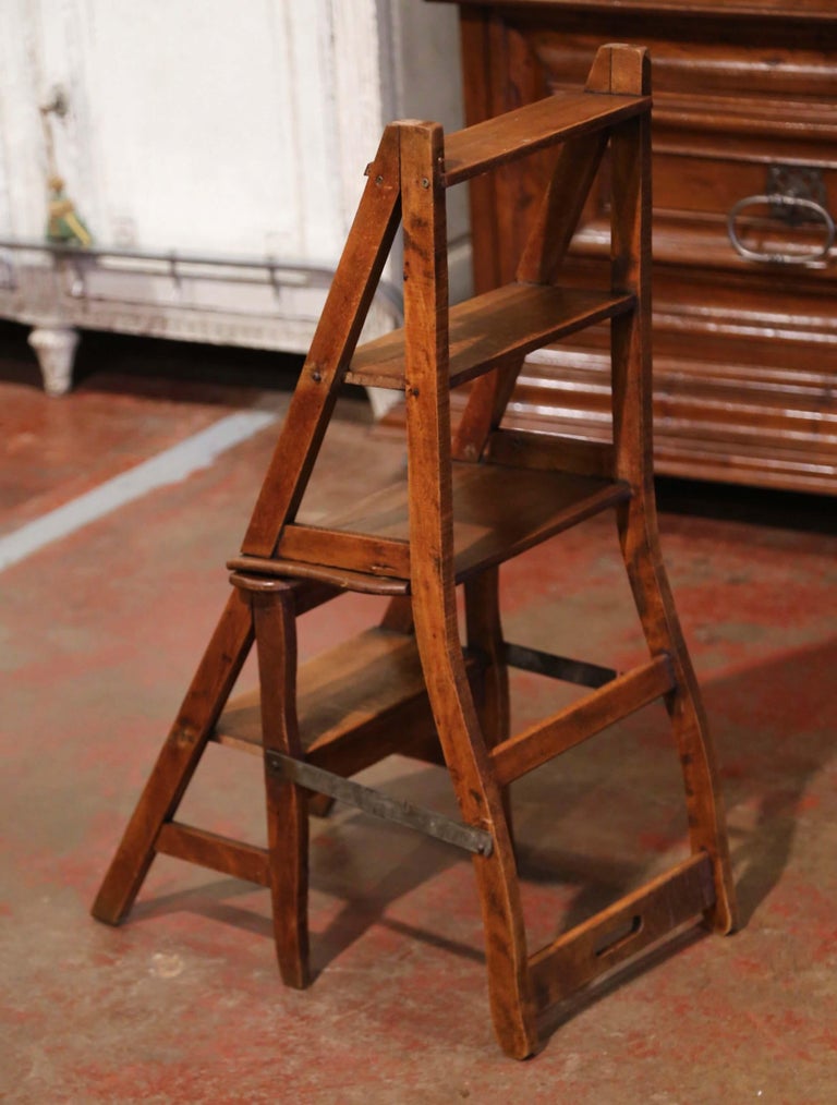 19th Century French Carved Beech Wood Chair Folding Step Ladder at 1stDibs