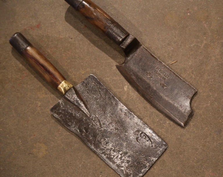 19th Century French Carved Butcher Block with Back and Meat Cleaver ...