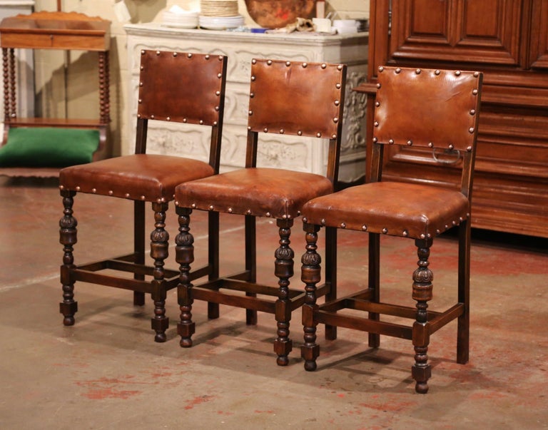 19th Century French Carved Oak and Brown Leather Bar Stools, Set of ...