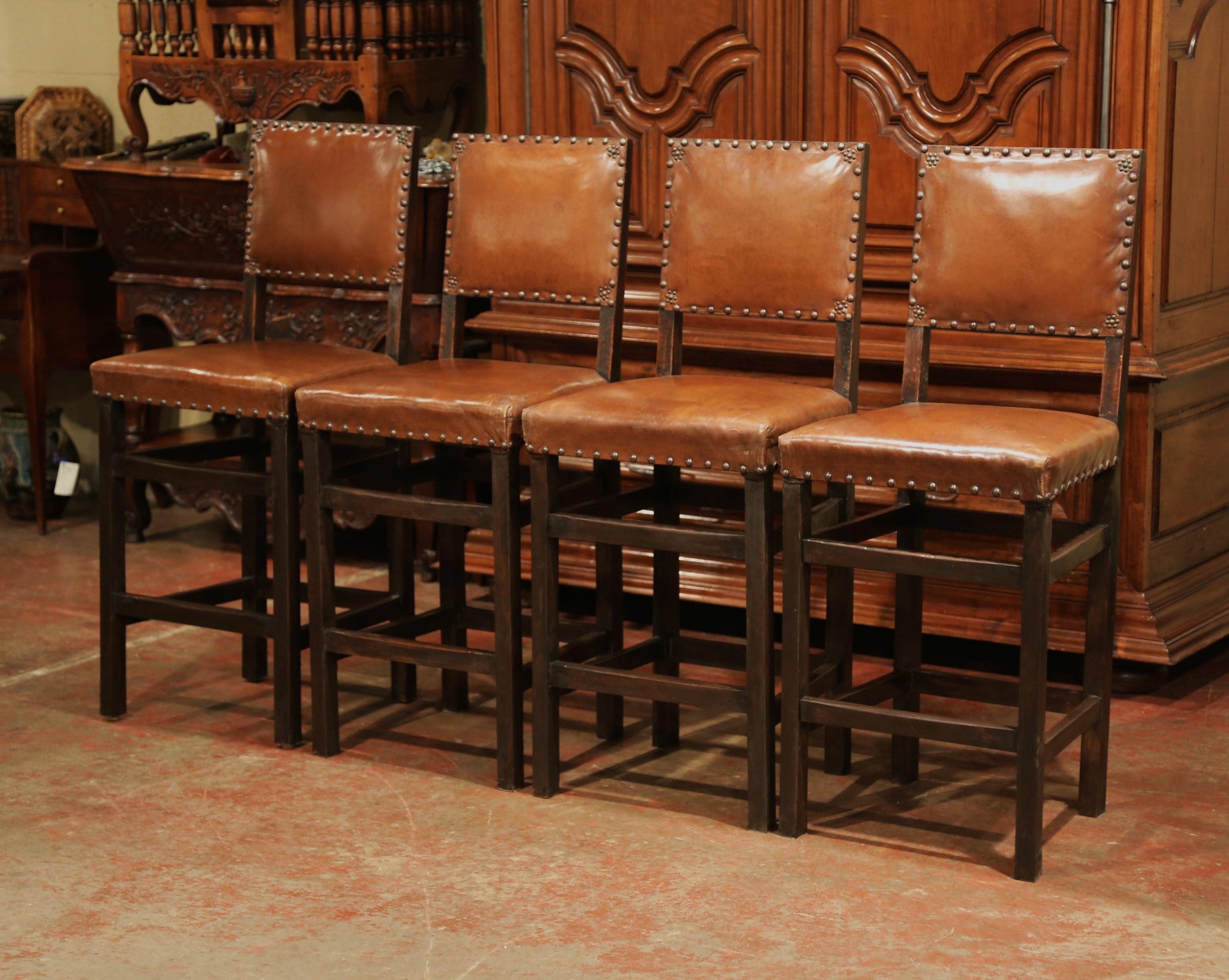 19th Century French Carved Oak Bar Stools Set with Back and Original ...