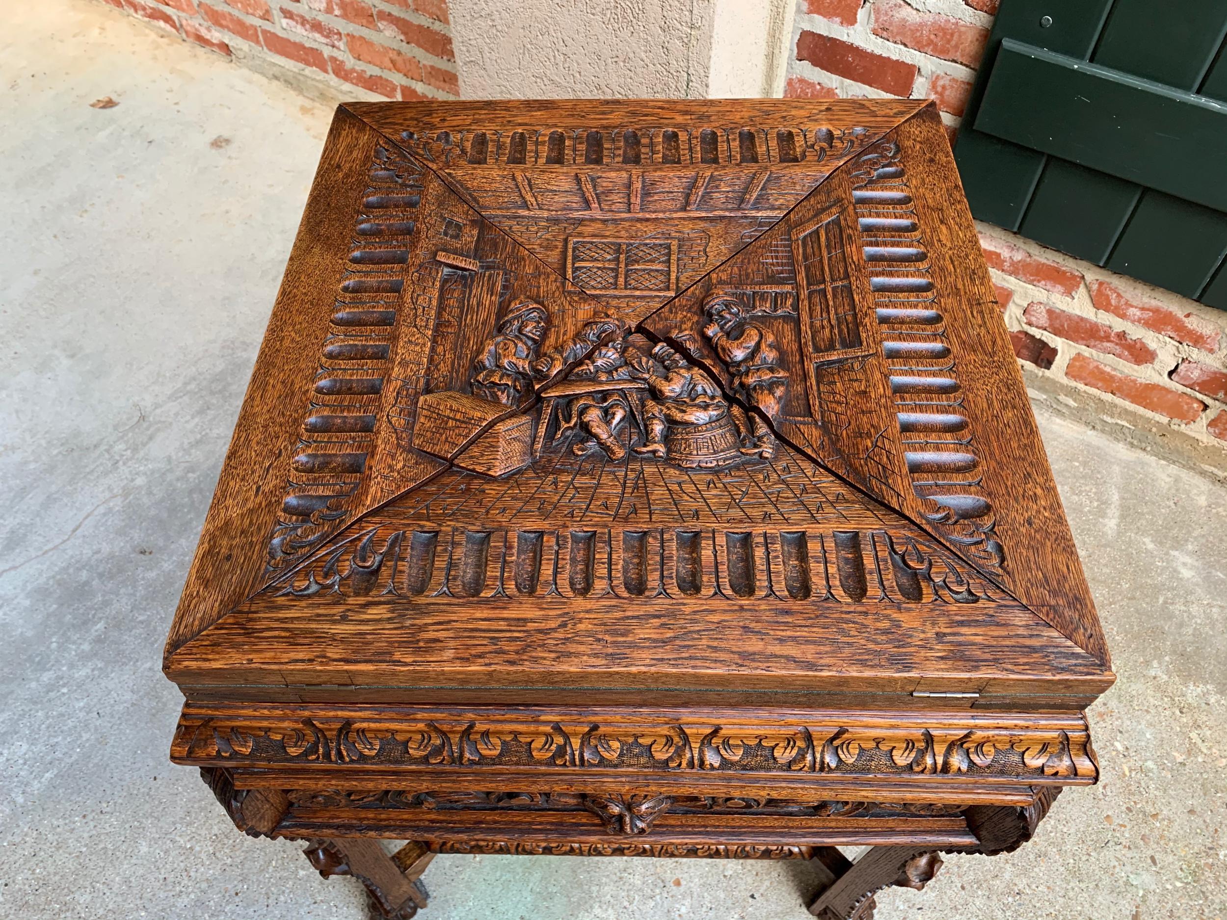 19th Century French Carved Oak Game Card Table Breton Brittany Flip Top ...