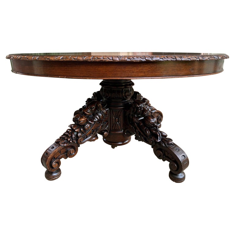 19th century French Carved Oak Oval Dining Hunt Table Black Forest Dog ...