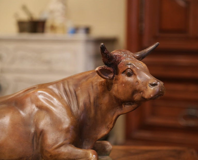 19th Century French Carved Painted Ceramic Cow Sculpture at 1stDibs